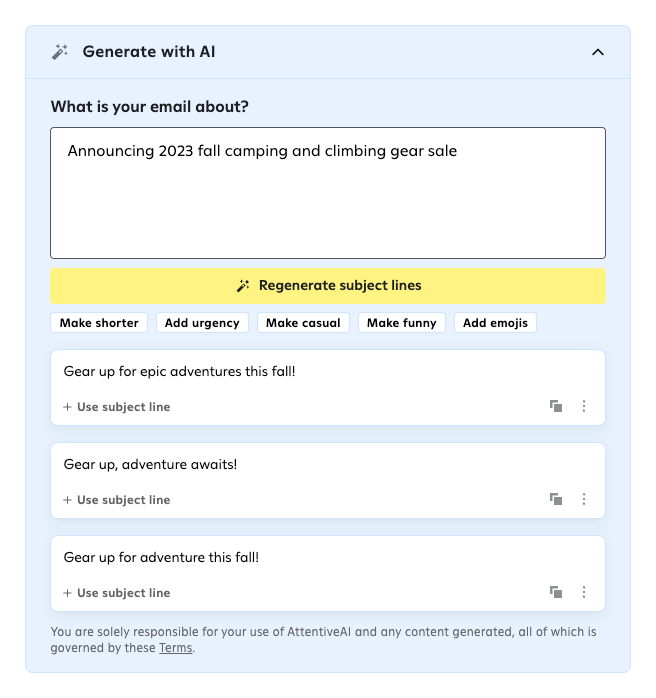 Create effective email subject lines with Subject Line Assistant (Attentive SMS & Email)
